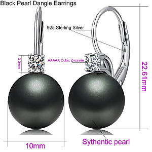 Black Pearl Earrings Pearl Dangle Earring Black Diamond Pearl Earring Cubic Zirconia Pearl Earring for Women Sterling Silver Pearl Leverback Earring Silver Pearl Drop Earrings 10mm Pearl Jewelry