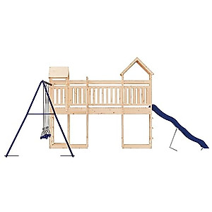 Loibinfen Outdoor Playset Solid Wood Pine,Garden Play Set with 1 Play Towers with Bridge,1 Wave Slide,1 Double Swing Set,Modern Outdoor Backyard Children's Climbing Wood Playground Playset,-4558