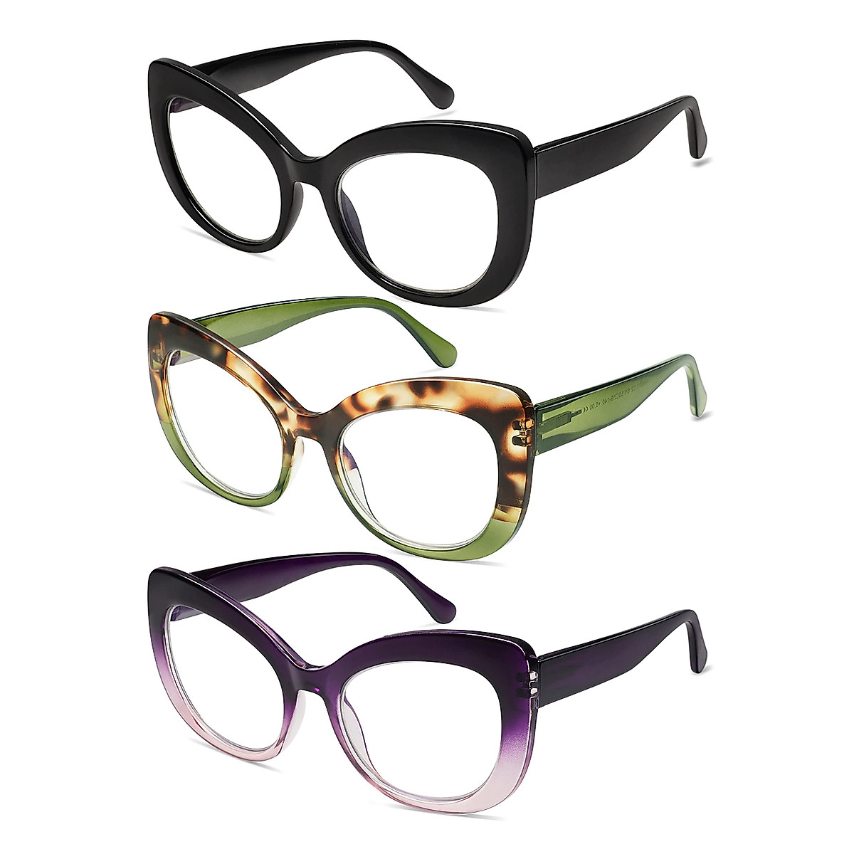 AMOMOMA 3 Pack Stylish Oversized Cat Eye Reading Glasses for Women Fashion Readers Blue Light Square Computer Glases AM6077 C1+C2+C3 1.0