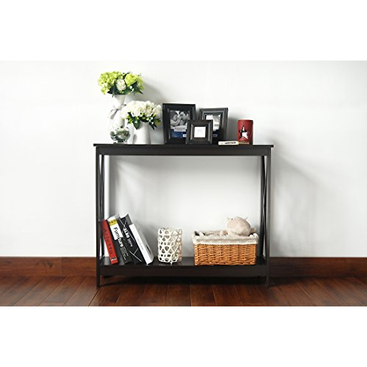 Espresso Finish 2-Tier X-Design Occasional Console Sofa Table Bookshelf