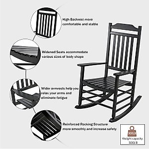 LOKATSE HOME Outdoor Rocking Chair Set of 2 Oversized Wooden Porch Rocker with 300 lbs Weight Capacity, High Back Smooth for Backyard, Lawn, Garden and Deck, Black
