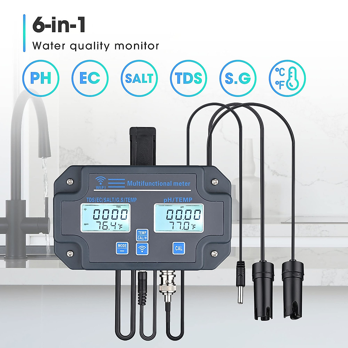 Yescom Water Quality Tester 6 in 1 Multi-Parameter Test Meter PH/EC/Salt/TDS(PPM)/Temp/S.G Analyzer Wall-Mount Rechargeable