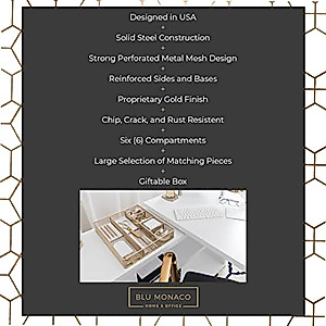 BLU MONACO Desk Drawer Organizer Tray for Office Organization - 6 Compartments - Gold Metal Mesh Large Drawer Organizer for Accessories and Office Supplies