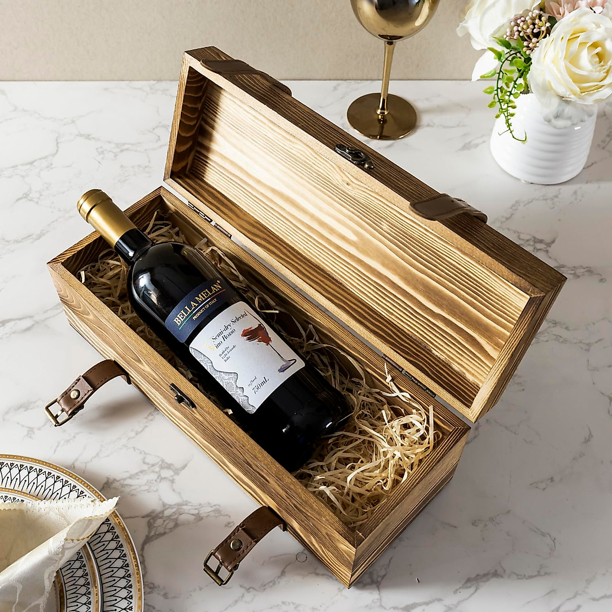 MyGift Vintage Brown Wood Single Wine Bottle Holder Gift Box with Leatherette Buckle Straps and Locking Latch