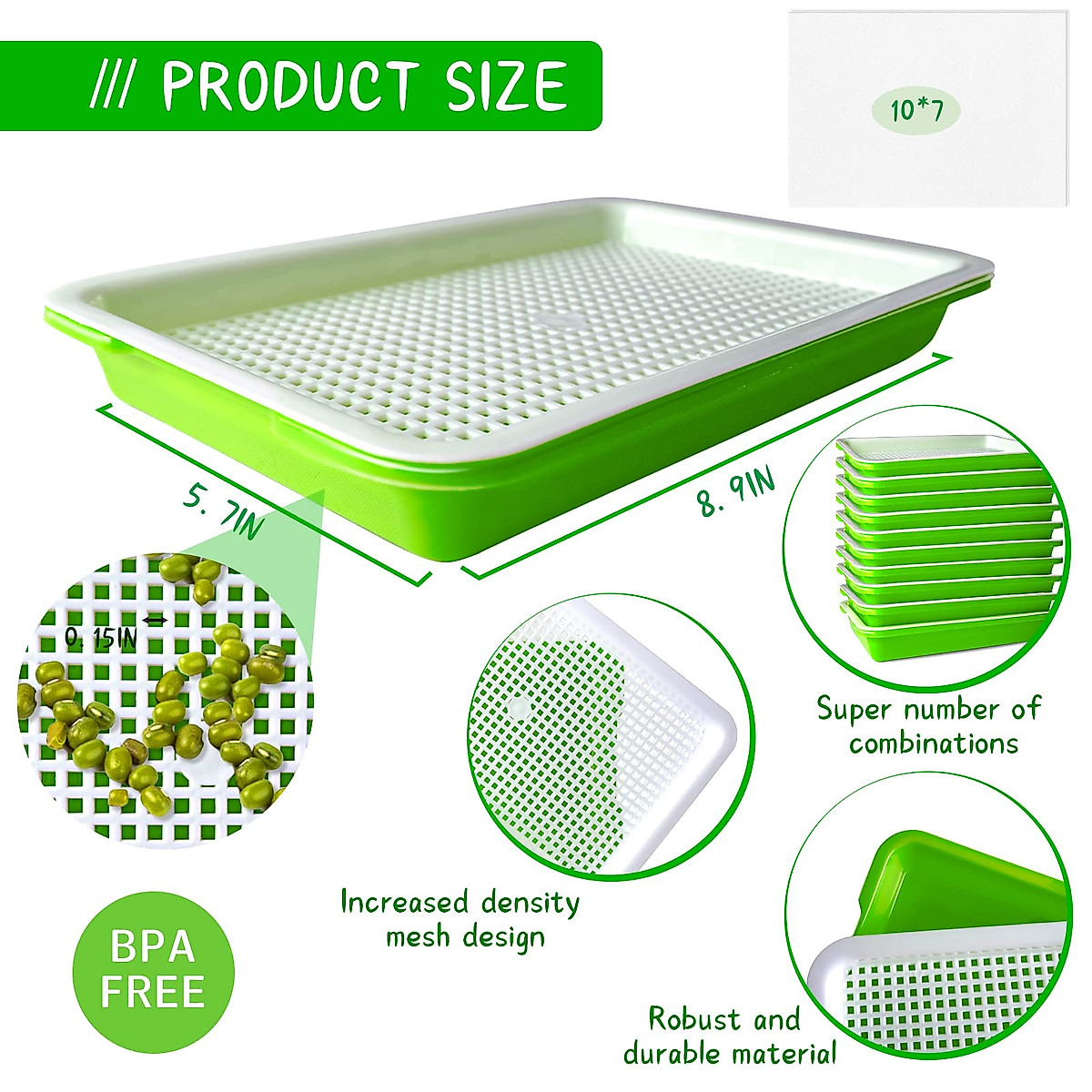 HolyMaji 10 Pack Small Seed Sprouter Tray - BPA Free Plant Seed Germination Tray with Drain Holes, Soil-Free Wheatgrass Cat Grass Tray Microgreens Growing Trays Plus Propagation Paper