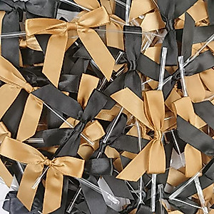 100 Pack Twist Tie Bow, Pre-Tied Bows,Christmas Satin Twist Tie Bows for Treat Bags,Packaging Bows for Candies and Apples, Pretied Ribbon Bows for DIY Decorations,Treat Bows (Black&Gold)