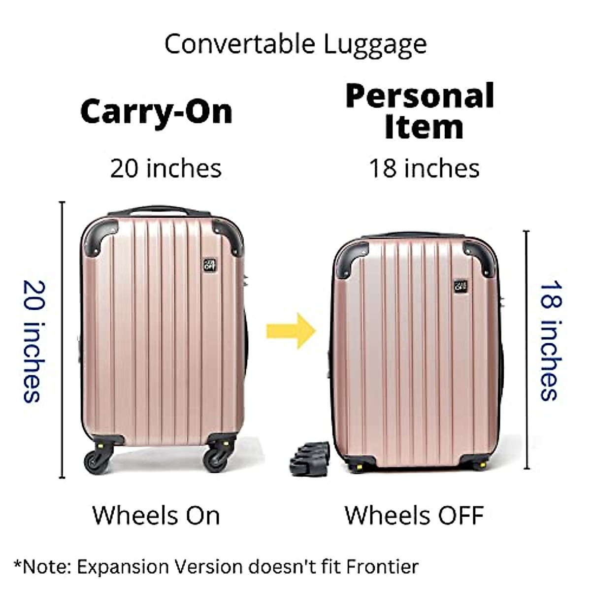 Take OFF Luggage 18-inch Hardshell Carry On Suitcase that Converts into Underseater Luggage Removable Spinner Wheels for Airline Personal Use Requirements 18 x 14 x 8.5 Inches - Rose Gold Expandable