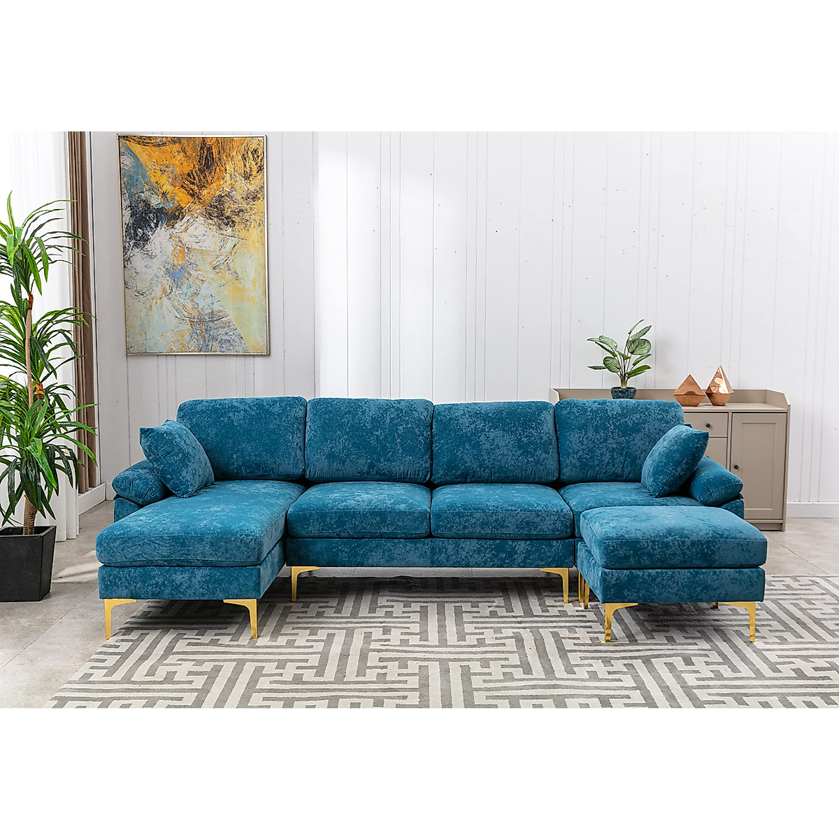 Goohome Sectional Sofá, Modern Velvet Upholstered 4-6 Seater w/Ottoman, Convertible Left and Right Side Chaise Lounge Couch, for Large Space,Living Room, Apartment, Home, L/U-Shaped Sofa, Teal Blue