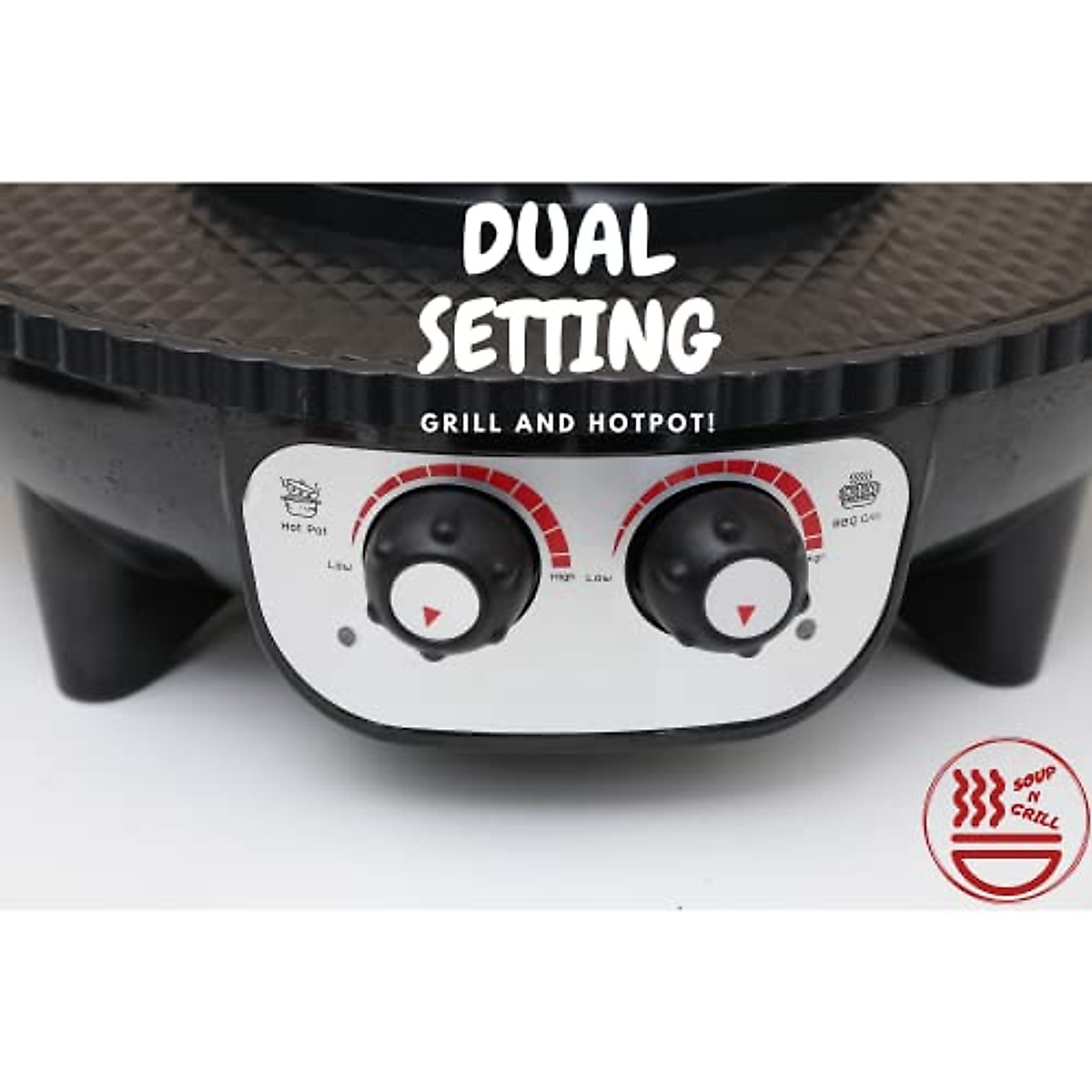 Soup N Grill C2 Circular Edition Hotpot Grill Combo Indoor Korean BBQ, Shabu Shabu Electric Hot Pot with Divider, Portable with Free Strainer Scoops, Extra Long Chopsticks, Tongs, Cloths, Smokeless Grill