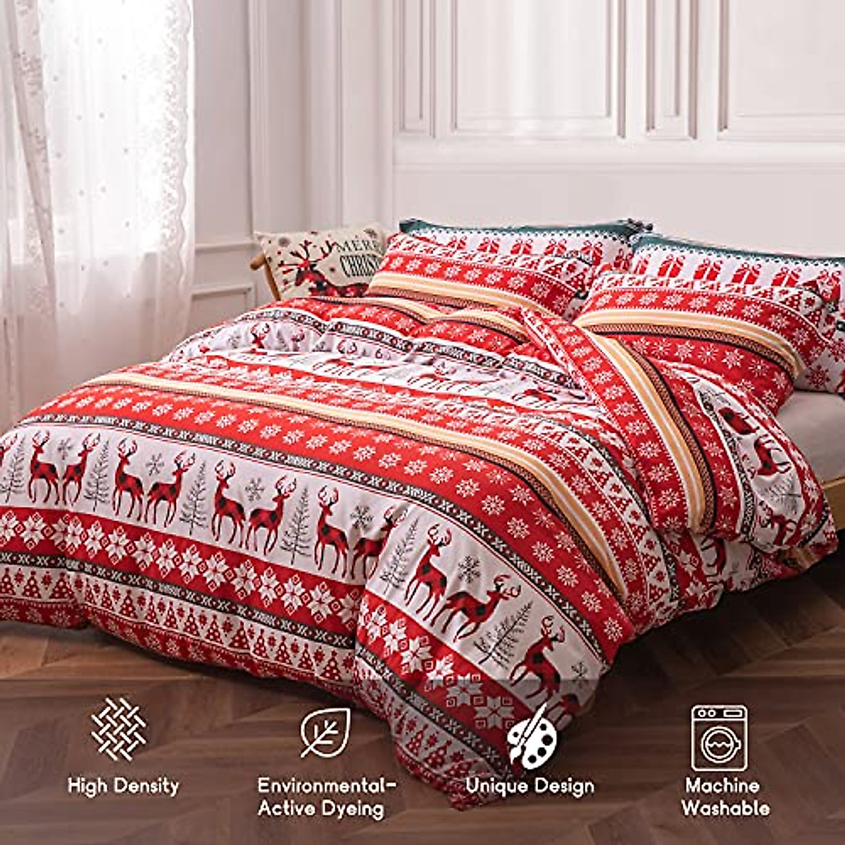 MILDLY Christmas Duvet Cover Set - 100% Brushed Microfiber Snowflake Reindeer Printed Winter Theme Comforter Cover Set