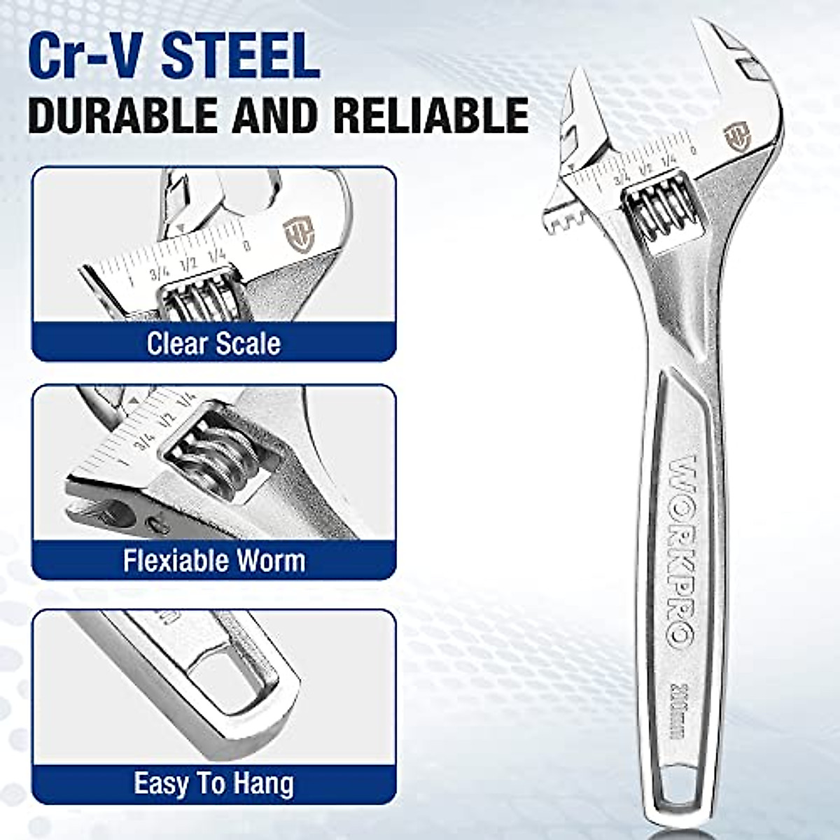 WORKPRO Adjustable Wrench, 8-inch Heavy Duty Spanner with Inch/Metric Scale, Premium Cr-V Steel, Chrome Plated
