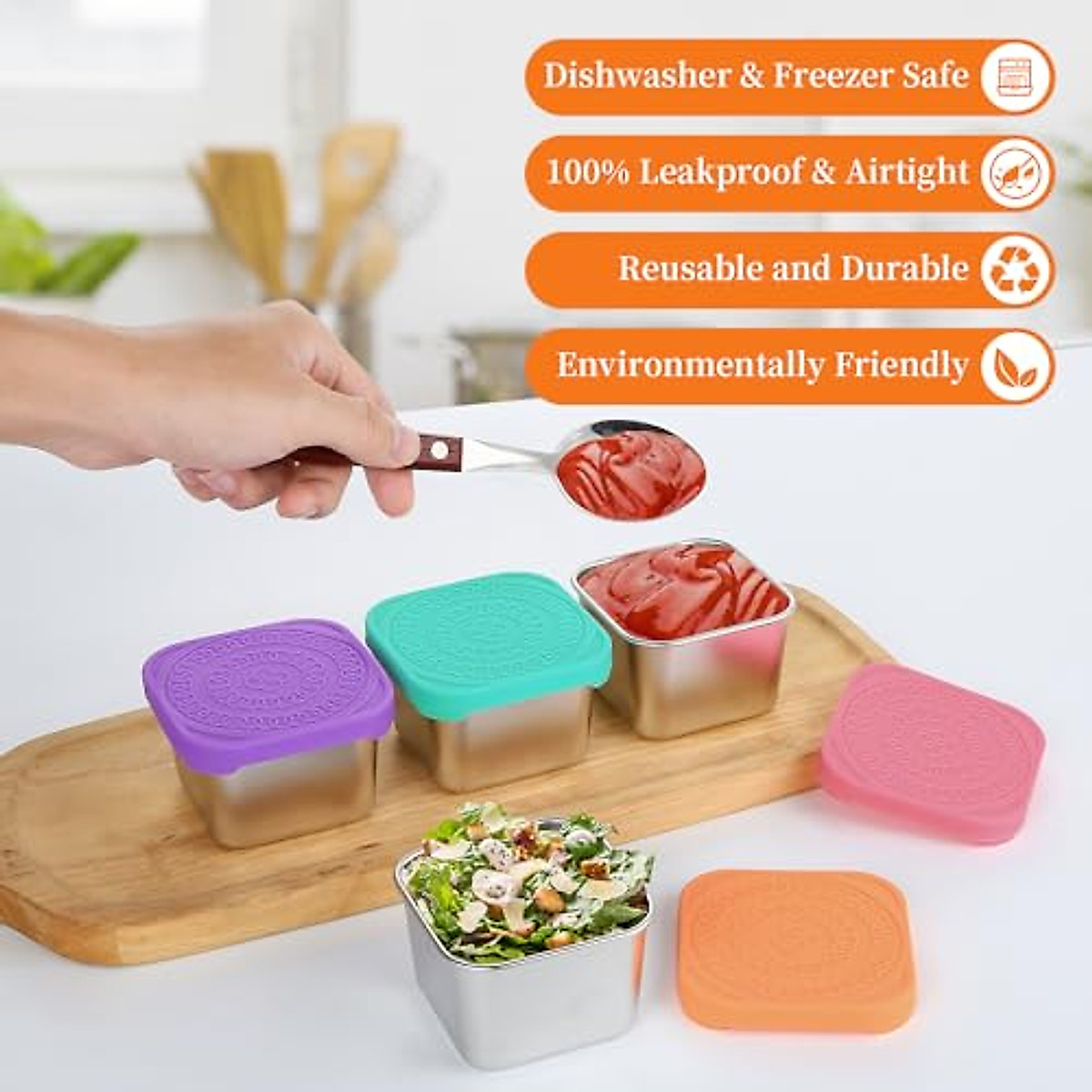 LEGELITE 4 Pack Salad Dressing Container To Go, 6oz Reusable Small Condiment Containers with Lids, Leakproof Silicone Lids Stainless Steel Sauce Containers for Lunch