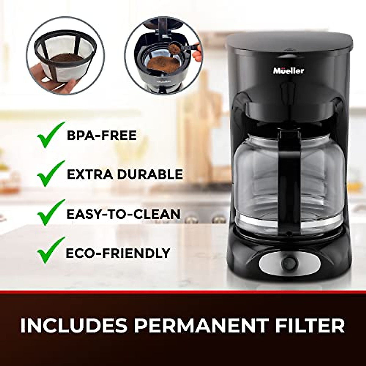 Mueller 12-Cup Drip Coffee Maker with Permanent Filter and Borosilicate Glass Carafe, Auto Keep Warm Function, Clear Water Level Window Coffee Machine