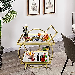 AT-VALY Bar Cart with Wine Rack,2-Tier Mobile Serving Cart on Wheels,Wine Cart for Home, Kitchen,Gold