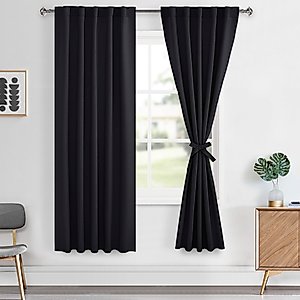 Hiasan Back Tab and Rod Pocket Blackout Curtains Sewn with Tiebacks - Thermal Insulated Room Darkening Curtains for Bedroom 42x63 Inch, Black, 2 Panels