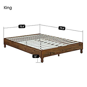 MUSEHOMEINC 12 Inch Solid Wood Bed Frame Rustic Style Eliminates The Need for a Boxspring, Natural Finish, King