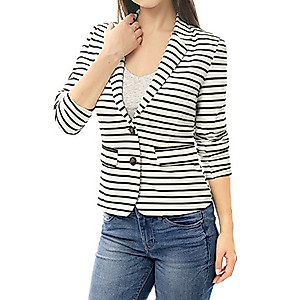Allegra K Women's Notched Lapel Pocket Button Closure Striped Blazer Small White