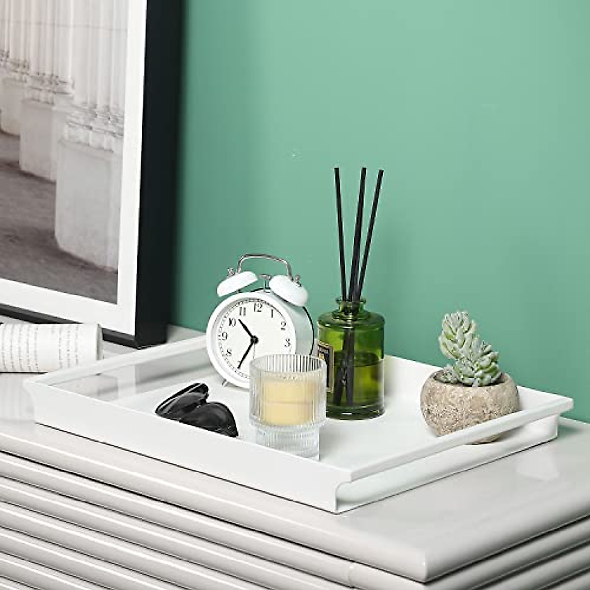 MyGift Decorative Serving Tray, Modern Matte White Metal Rectangle Ottoman Coffee Table Tray with Sleek Rounded Cutout Side Handles