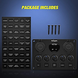 Nilight 90101E 5Gang Multi-Function 5 Gang Rocker Dual USB Charger + Digital Volmeter +12V Outlet Pre-Wired Switch Panel with Circuit Breakers for RV Car Boat Truck Trailer,2 Years Warranty,Blue