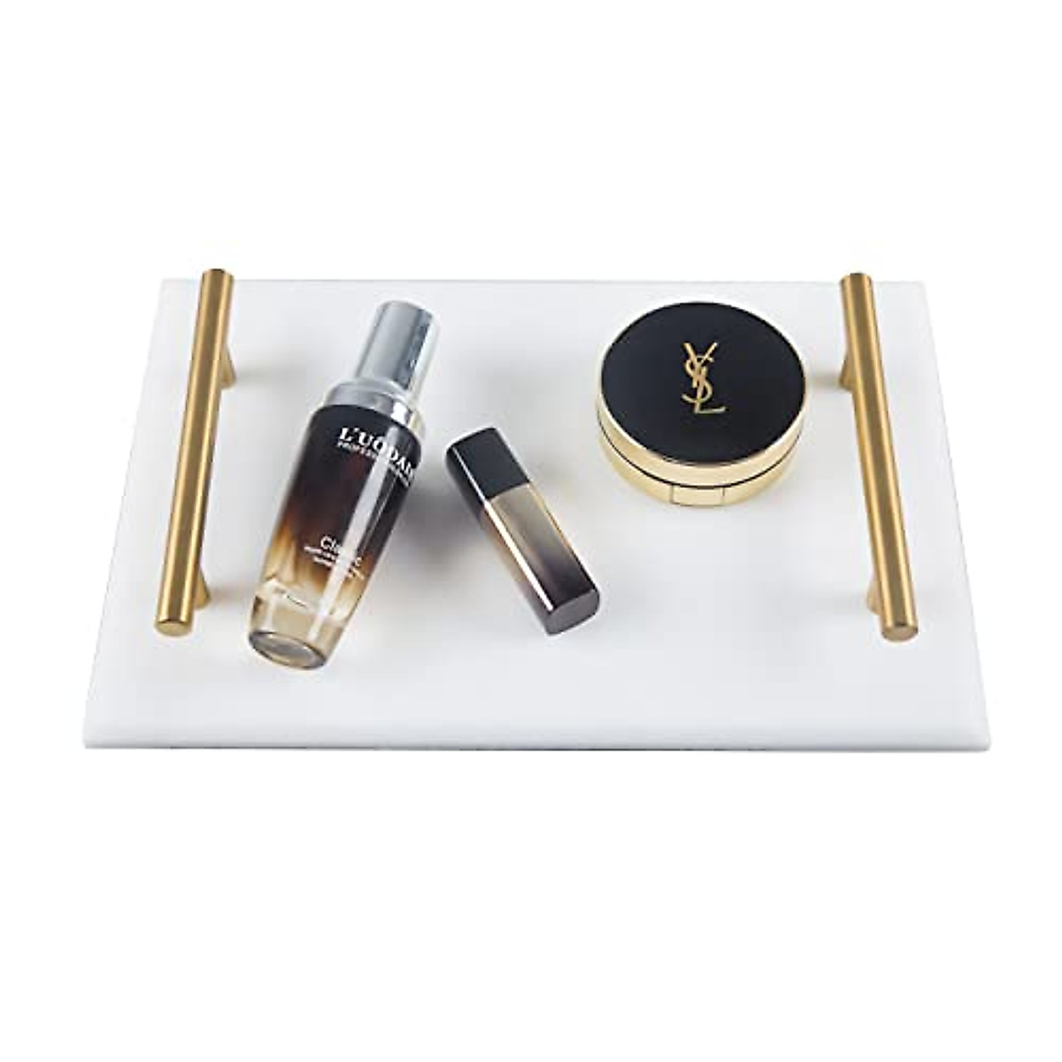 Moreast Genuine Marble Tray Bathroom Tray with Golden Handle, Natural Stone Decorative Tray with Metal Handle for Bathroom Kitchen Vanity Dresser Nightstand Desk, 11.8" x 7.9" White