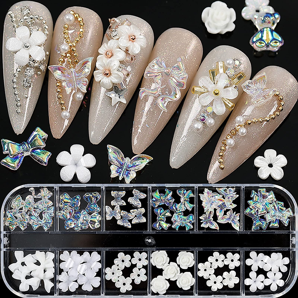 Acrylic Butterfly Flower Bear Nail Art Pendant Art, Multi-shape Pearl Rhinestone Golden Metal Applique Jewelry Accessories Production (S1-Bow Rhinestones)