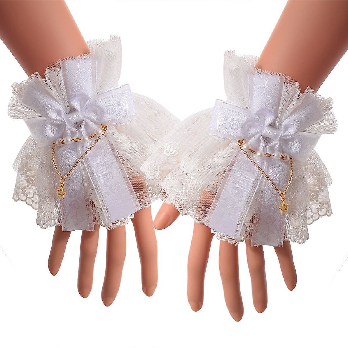 BLESSUME Lolita Lace Cuffs Steampunk Wrist Cuff Bracelet (White 10(1pr))