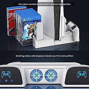 CODOGOY PS5 Stand with 2 Cooling Fan, Dual Fast PS5 Controller Charging Station with Games Storage, PS5 Cooling Station PS5 Accessories Vertical Stand for Sony Playstation 5 Disc & Digital Editions