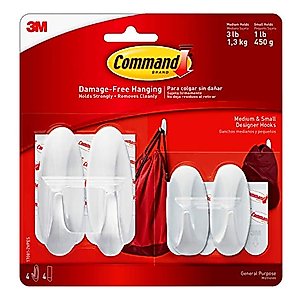 Command Designer Hooks Variety Pack, White, 2-Small, 2-Medium, 4-Strips, Organize & Decorate Damage-Free