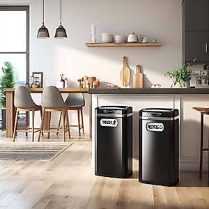 Recycle and Trash Stickers for Kitchen Trash Cans and Recycling Bins, Indoor Trash and Recycle Sticker Combo for Garbage Can Logo Symbol, 2 Silver Decals, 6.5" x 3" Elegant Style with Split-back