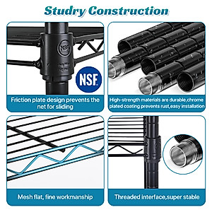 Dkeli Metal Shelves Garage Shelving Wire Shelving Unit with Wheels, 6000lbs Weight Capacity Heavy Duty NSF Height Adjustable Storage Shelves 6 Tier Steel Commercial Grade Wire Rack, Black