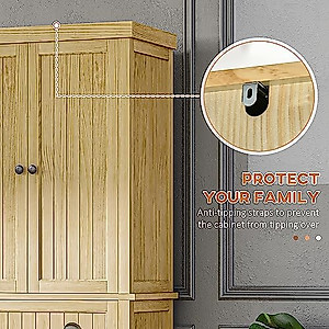 HOMCOM 72" Pinewood Large Kitchen Pantry Storage Cabinet, Freestanding Cabinet with Doors and Shelf Adjustability, Soft-Close Mechanism, Living Room & Dining Room Furniture, Natural