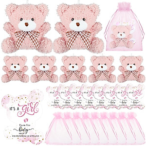 Sasylvia 25 Set Bear Baby Shower Favors for Guest 25 Mini Plush Toy Bear Tiny Bear Keychains 25 Thank You Tags 25 Organza Bag (Girl)