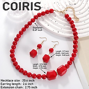 Coiris Chunky Acrylic Beads Strand Necklaces Set,Statement Geometric Beads Necklace Earrings,Acrylic African Beaded Necklace for Accessory Jewelry(N0109+ER-Red0