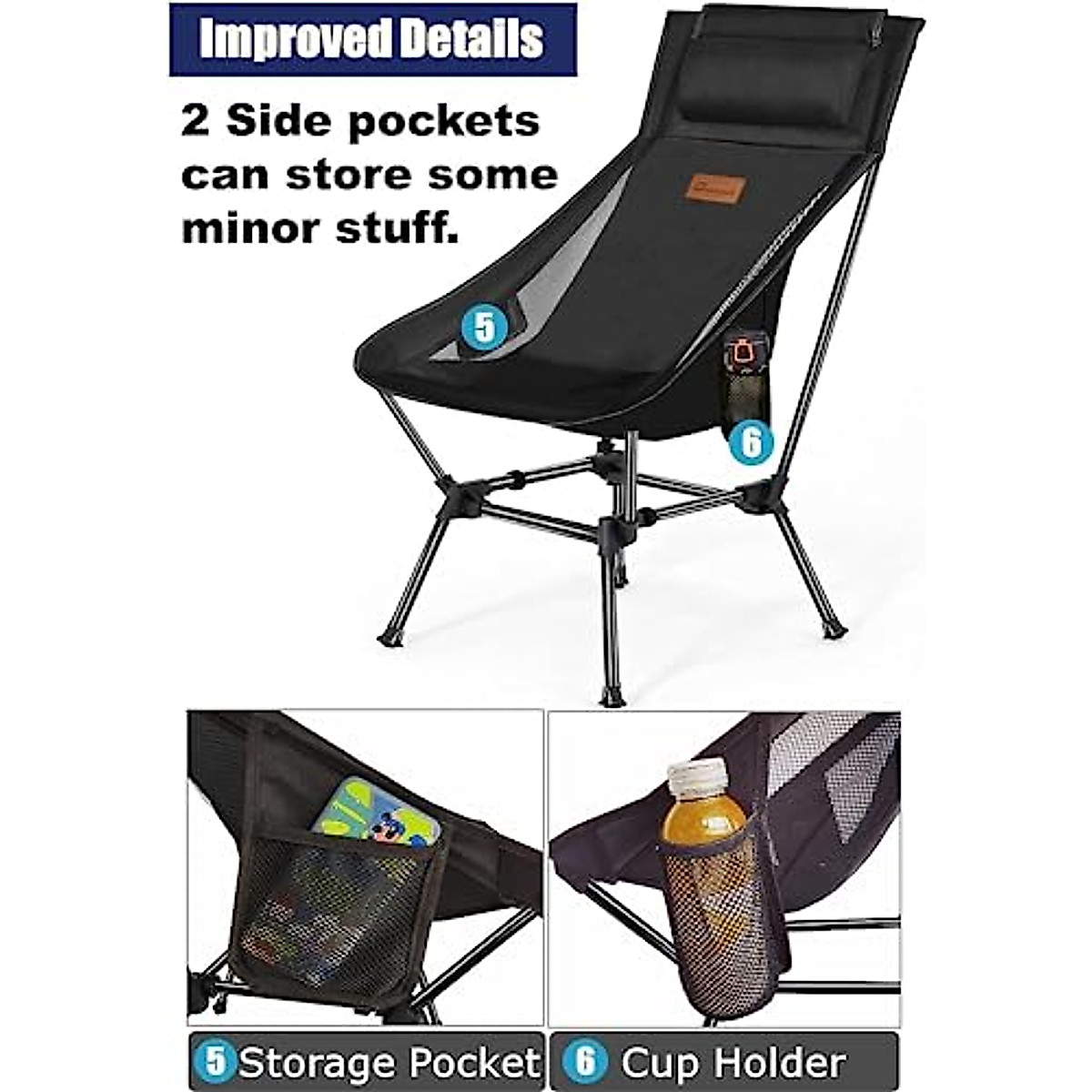 DRAXDOG Camping Chair, 2 Way Compact Backpacking Chair, Portable Folding Chair, Beach Chair with Side Pocket, Lightweight Hiking Chair 001 (Black)