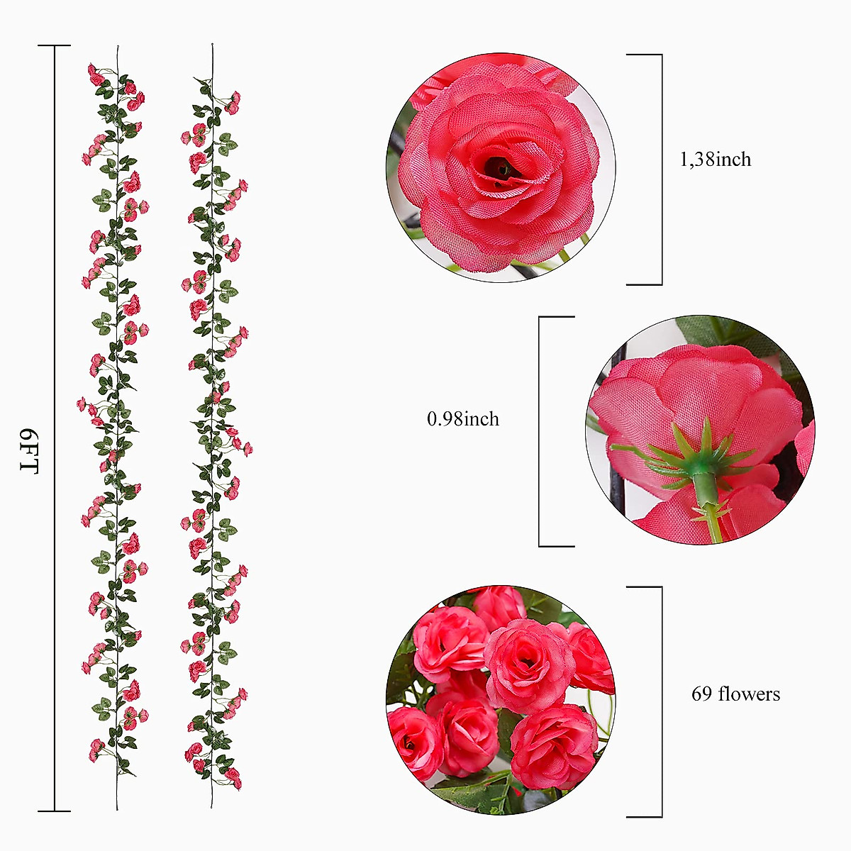 Houele 2 Pack (16FT) Fake Rose Vine Flowers Plants Artificial Rose Vine Flowers for Wedding Home Party Garden Craft Art Decor(Rose Pink)