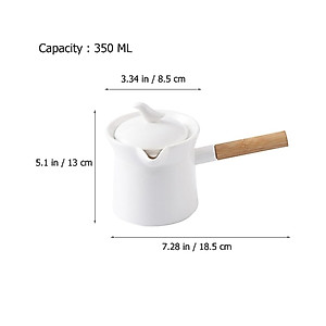 BESTonZON Ceramic Milk Warmer Pot 350ml Enamel Milk Pan Non-stick Milk Saucepan with Lid Porcelain Coffee Pot Food Bowl Butter Warmer with Wooden Handle for Heating Liquid Appetizer