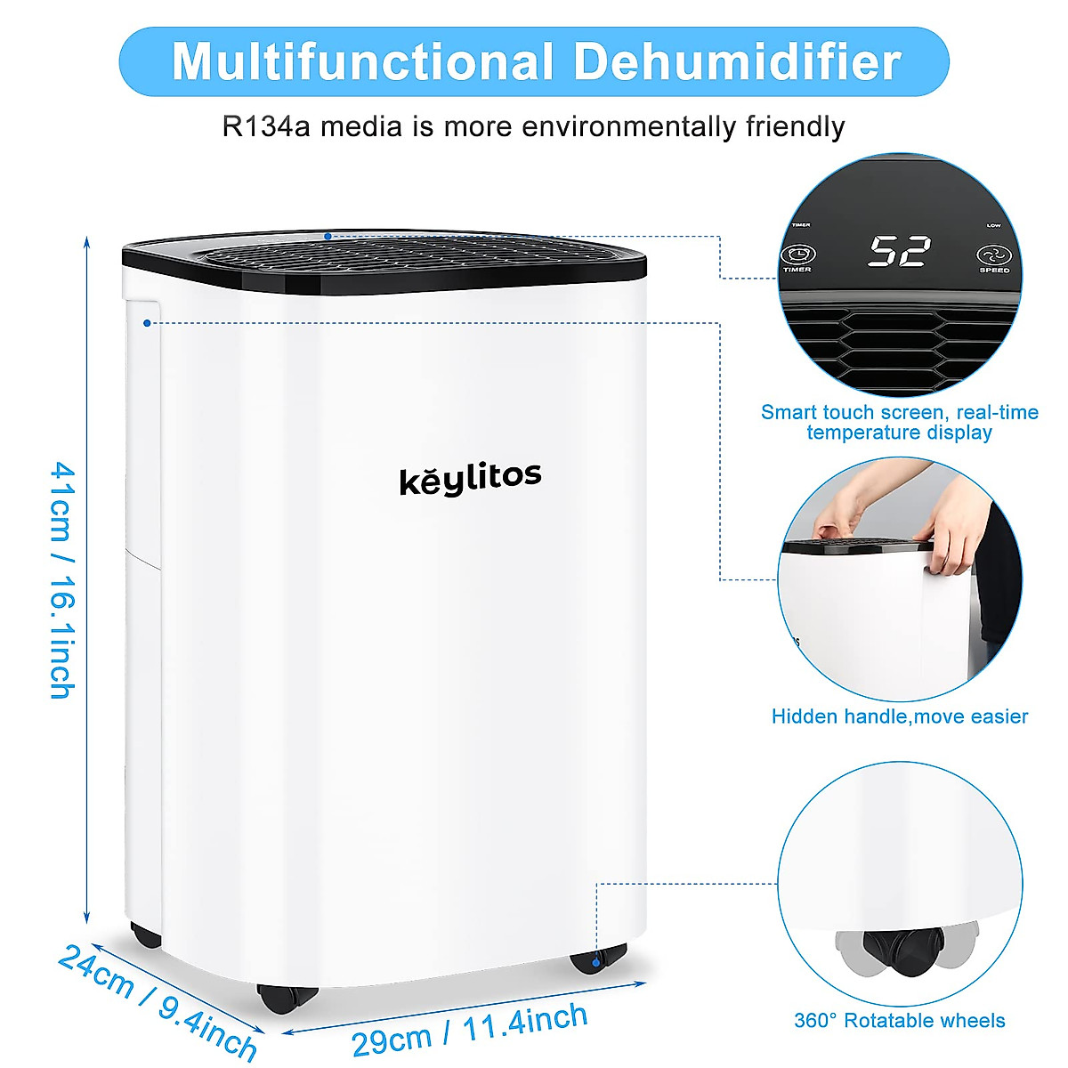 Keylitos 12L Day Dehumidifiers for Home and Basements,Quiet Dehumidifier with Drain Hose, with Digital Humidity Display, Auto or Manual Drainage for Large Room, Garage, Bedroom, Bathroom