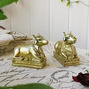 Hindu Nandi Holy Cow Statues - 2PCS Gold Nandi Cow Sitting Position Statue for House Temples Puja Home Decor Diwali Gift