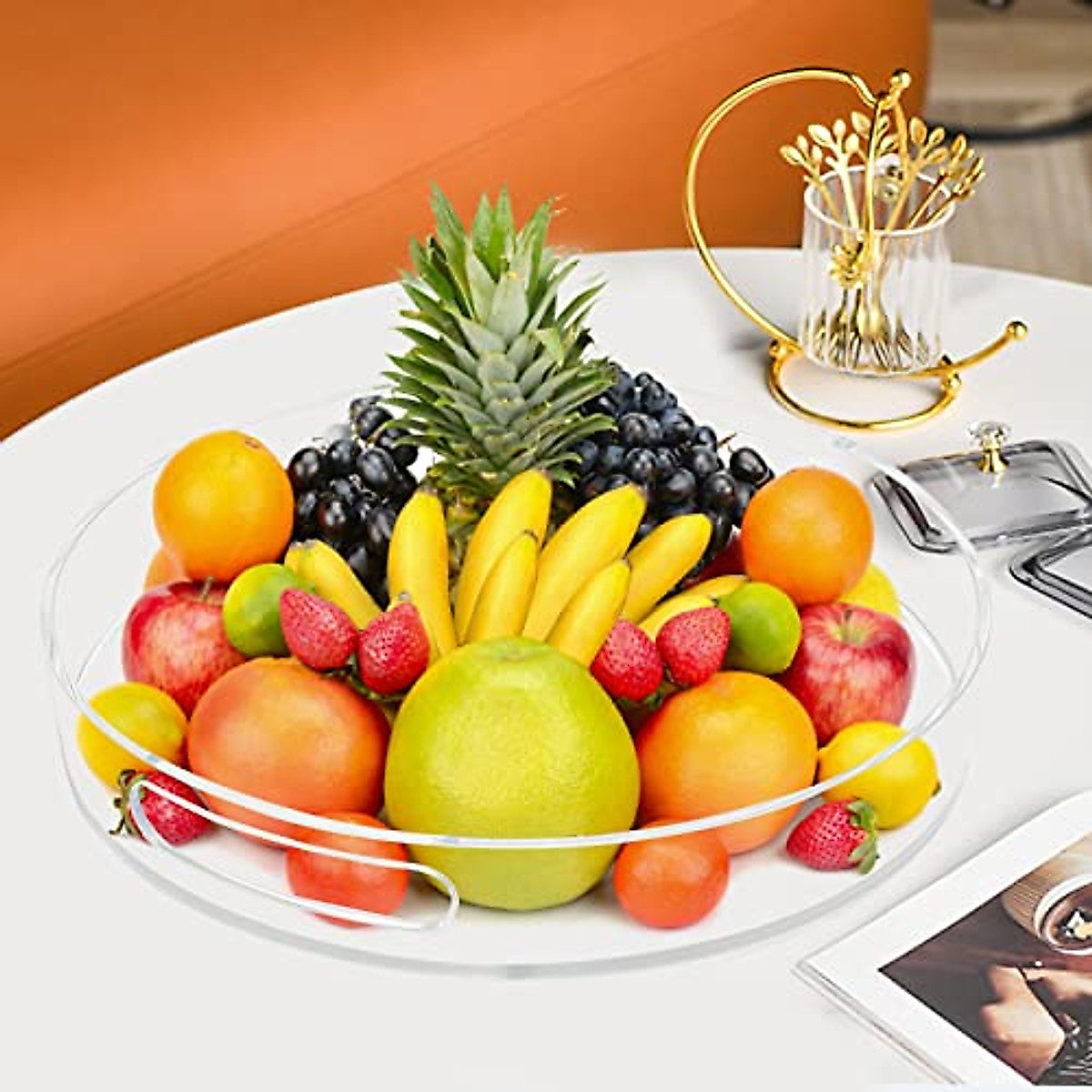 Funtygy Acrylic Tray, Clear Serving Tray with Handles, Decorative Tray Round Tray for Vanity Ottoman Bathroom Kitchen Dining Room Coffee Table Countertop Home Decor