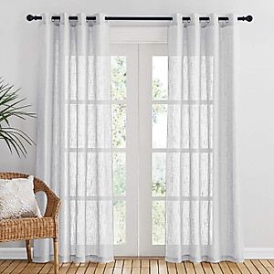 PONY DANCE Light Grey Semi Sheer Curtains 84 inches Long - 2 Panels Light Filtering Sheer Linen Textured Curtain for Bedroom Grommet Drapes Rustic Boho Farmhouse Decor 7 FT Long
