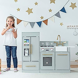 Teamson Kids Little Chef Charlotte Modern Modular Interactive Wooden Play Kitchen with Refrigerator, Stove and Sink in Gray with Gold Accents