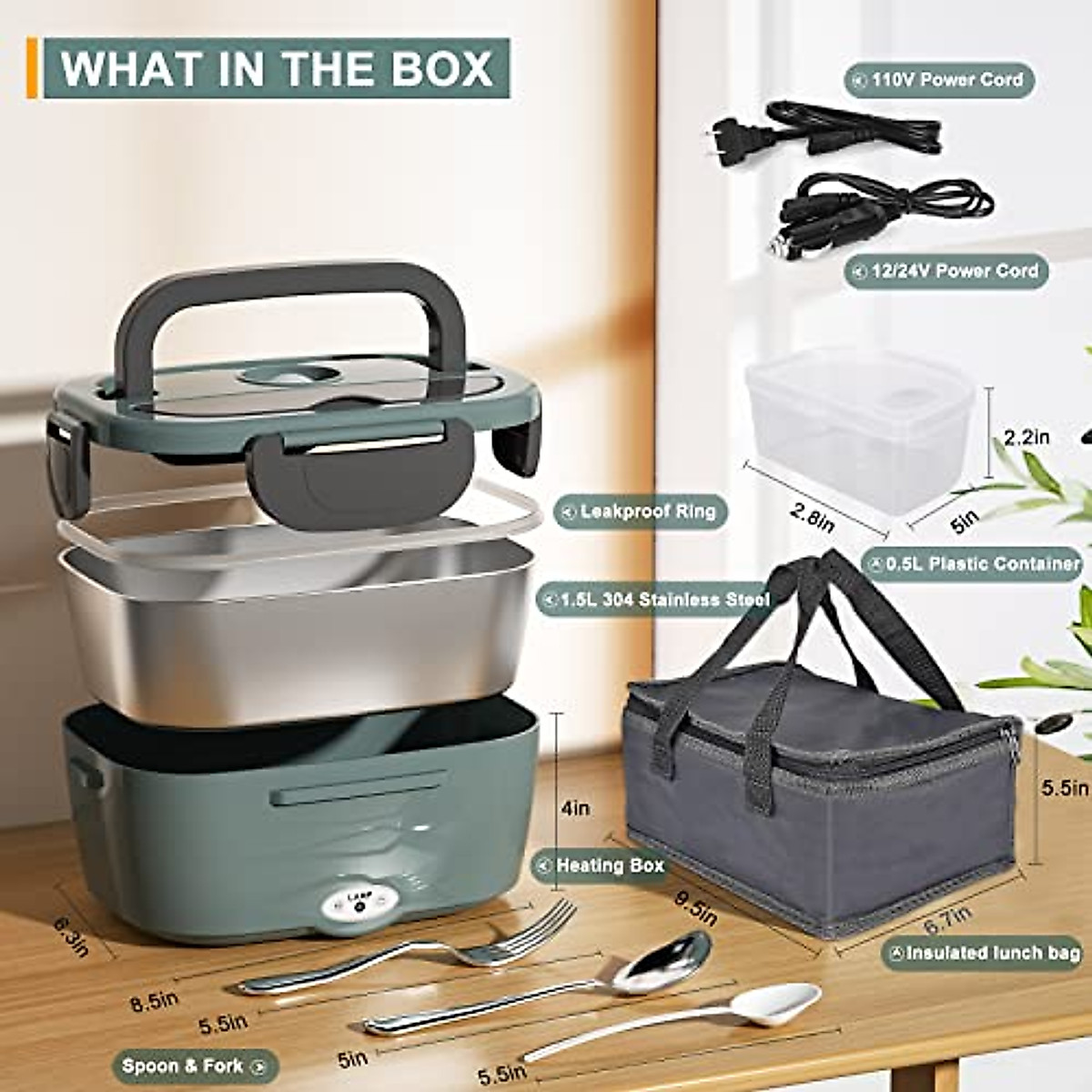 Monteka Electric Lunch Box Food Heater - Leakproof Portable Food Warmer heated lunch box for adults for Car/Home/Truck with 1.5L Removable Stainless Steel Container, 80W, 12V/24V/110V, Green