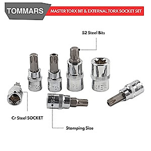 TOMMARS 60-Pc Master Torx Bit Socket and External Socket Set 1/4", 3/8", 1/2" Drive, S2 Steel Bits, CRV Sockets E4-E24, T6-T70,TT6-TT70,TP8-TP60