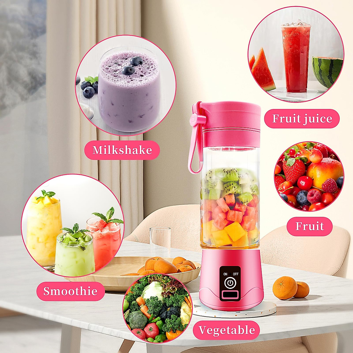 GUCABE Portable Blender, Personal Blender for Milkshakes and Smoothies, Mini Juice Blender with USB Charging, Smoothie Blender 380ML (pink)