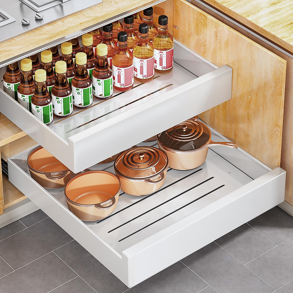 Pull out Cabinet Organizer, 21"Deep, Slide out Drawers for Kitchen Cabinets, Under Sink Pull-Out Home Organizers with Adhesive Nano Film Fixed, Sliding Cabinet for Bathroom, Pantry Storage Shelf