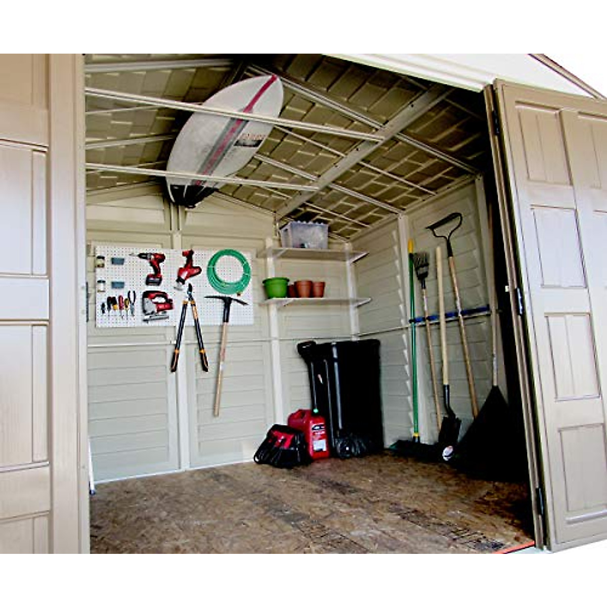 Duramax 0638801402145 Woodbridge Plus 10.5 x 8 Plastic Garden Shed with Foundation Kit & Fixed Window Brown-15 Years Warranty, 10x8, Brown & Ivory