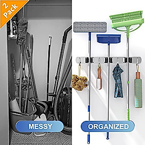 2 Pack Mop Broom Holder Wall Mount, Broom Organizer Mop and Broom Storage Tool Racks Stainless Steel Self Adhesive Wall Hanger for Home Kitchen Garden Laundry Garage by ZONGOOL (3 Racks 4 Hooks)