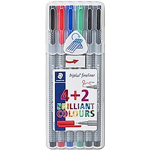 Staedtler Triplus Fineliner Pens 6 Color in Case, 0.3mm, Metal Clad Tip, Assorted