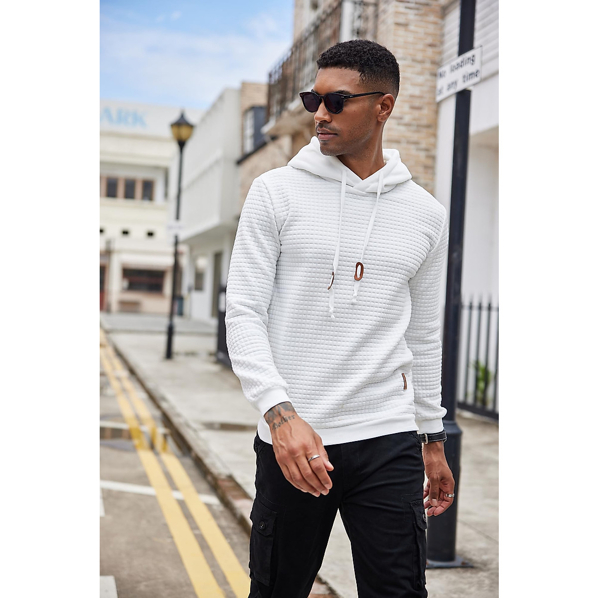 COOFANDY Mens Long Sleeve Drawstring Plaid Jacquard Hooded Sweatshirt, White, Large