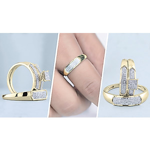 Dazzlingrock Collection 0.30 Carat Round White Diamond Square Micro Pave Wedding Trio Ring Set in 18K Yellow Gold Plated Sterling Silver, Women size 7 and Men size 10